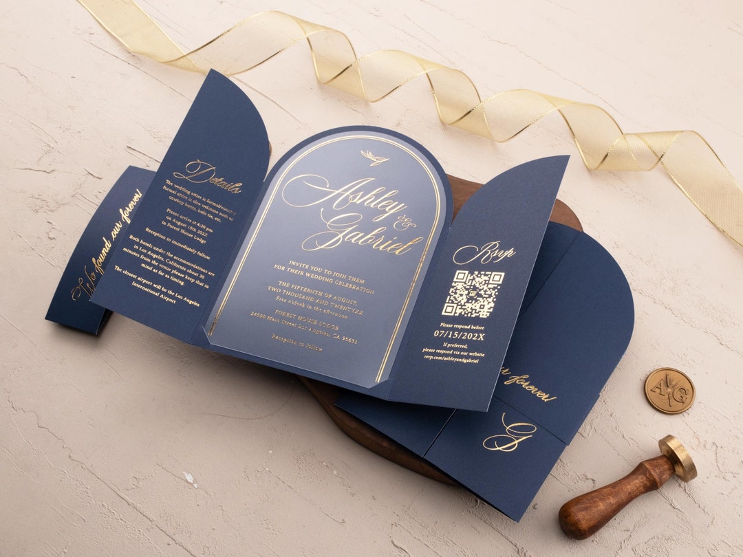 Navy Blue and Gold Gatefold Wedding Invitation, Gold Foil Printed Acrylic Invitations, Luxury ...