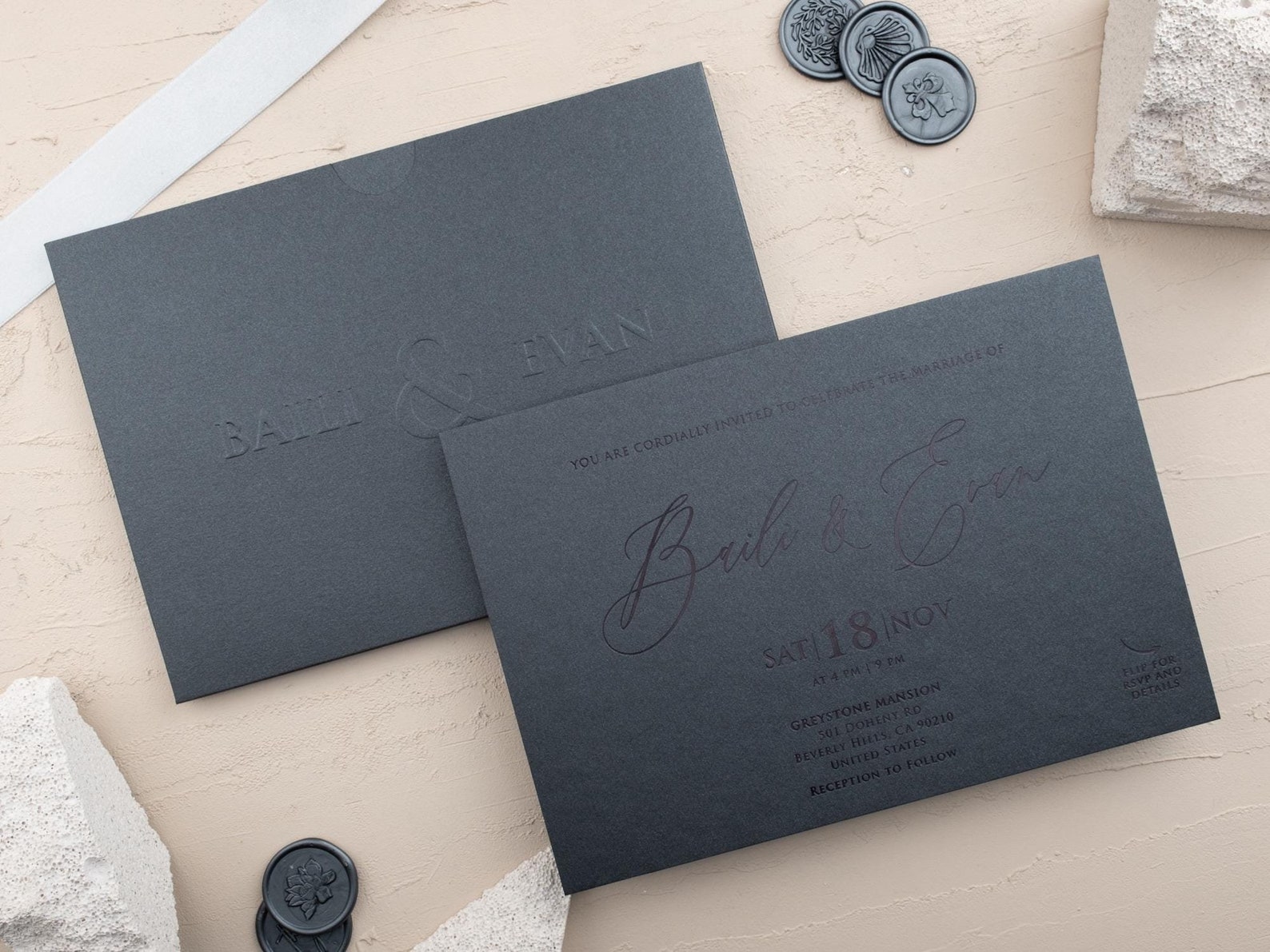 Black Wedding Invitation, Black Foil on Black Paper, Dark Wedding ...