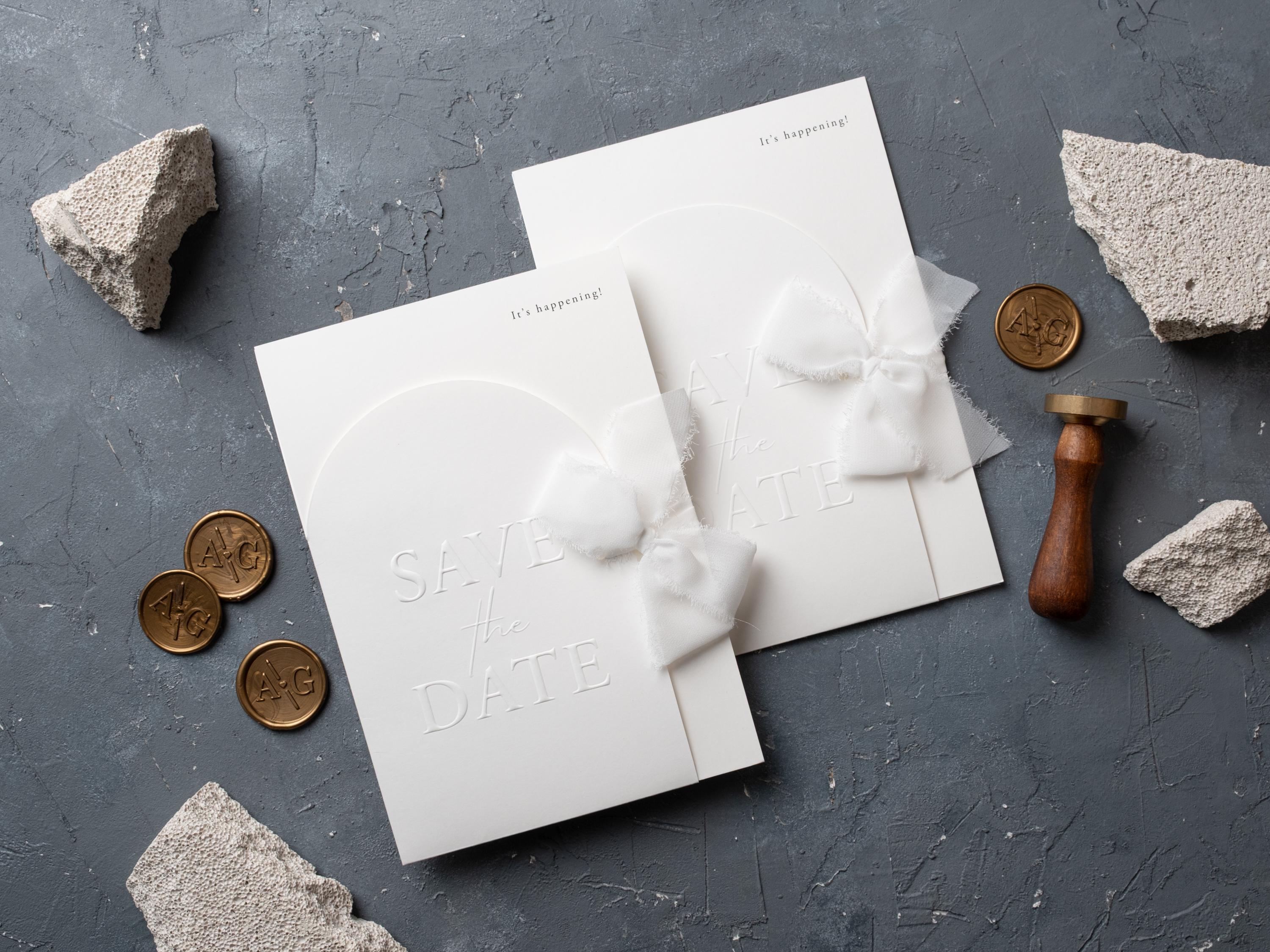 Embossed Save the Date – Minimalist Wedding Card With White Ribbon ...