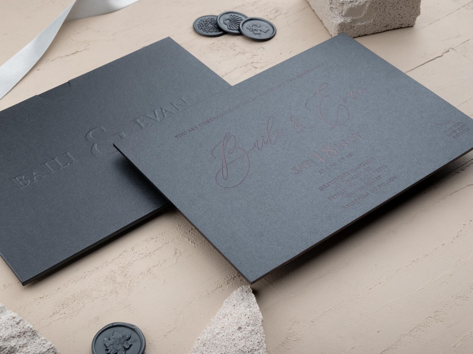 Black Wedding Invitation, Black Foil on Black Paper, Dark Wedding ...