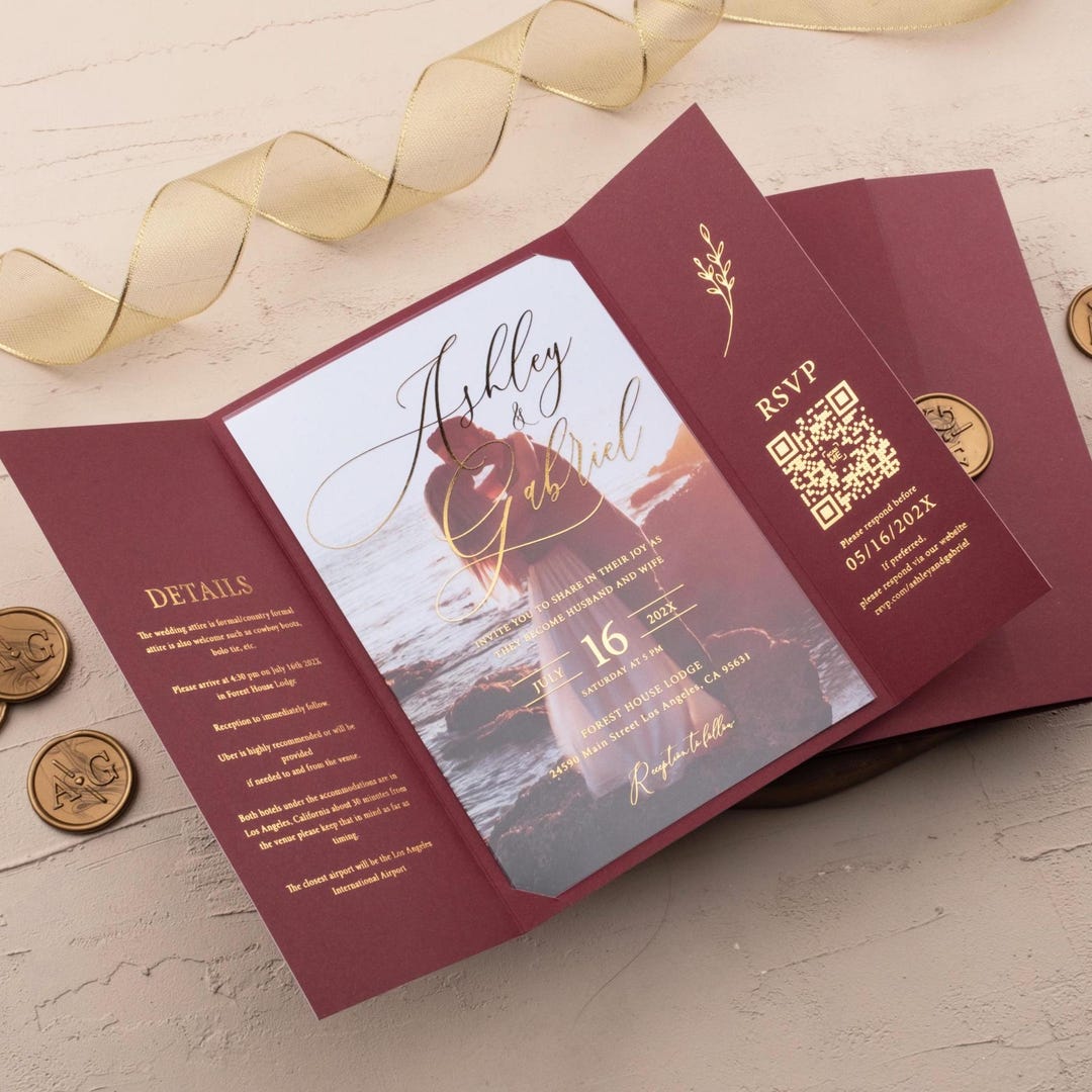 Gatefold Burgundy and Gold Wedding Invitation – Foil Printed Modern Wedding Invite – Elegant ...