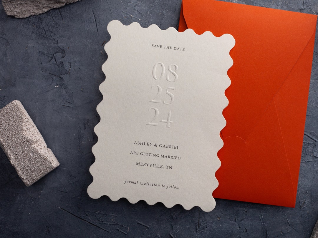 Wavy & Embossed Save the Date Card With Burnt Orange Envelope, Modern ...