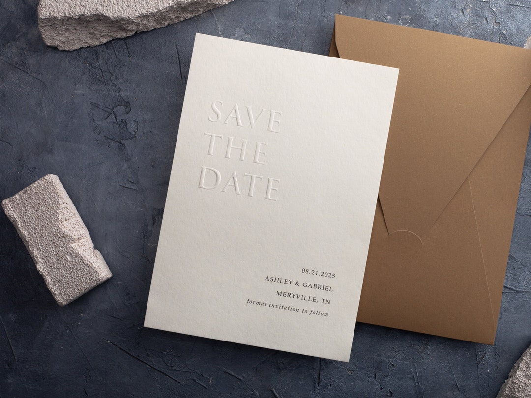 Embossed Save the Date Card With Ecru Envelope, Modern, Minimal ...
