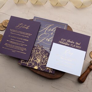 Luxury Purple & Gold Wedding Invitation - Acrylic and Gold Foil Elegant ...