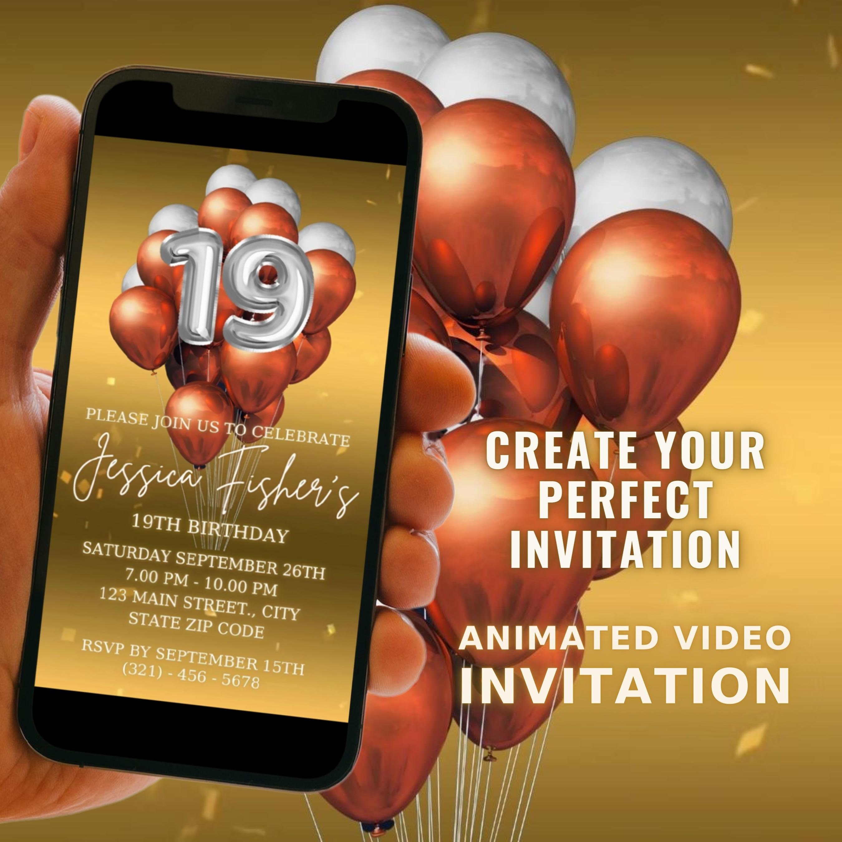 19th Birthday Rose Silver Glitter Balloons Digital Invitation ...