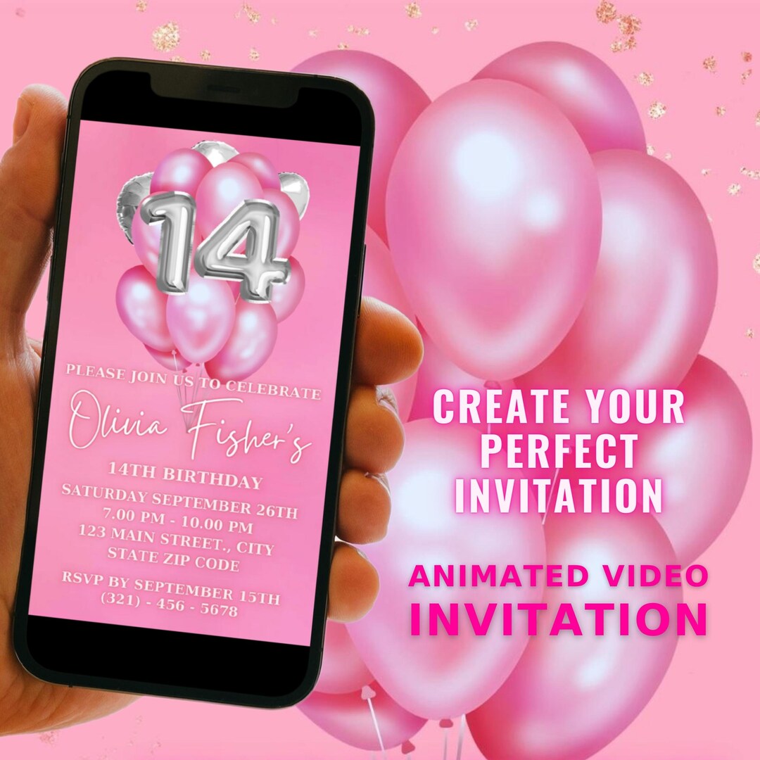 14th Birthday Dinner Invitation, Pink Silver Balloons (digital Template ...