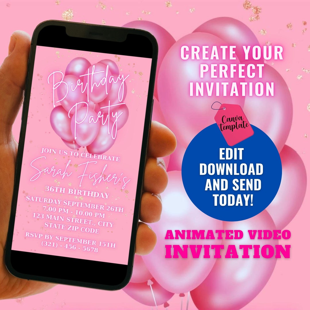 Electronic Pink Glitter Balloons Birthday Invitation, Digital Birthday ...