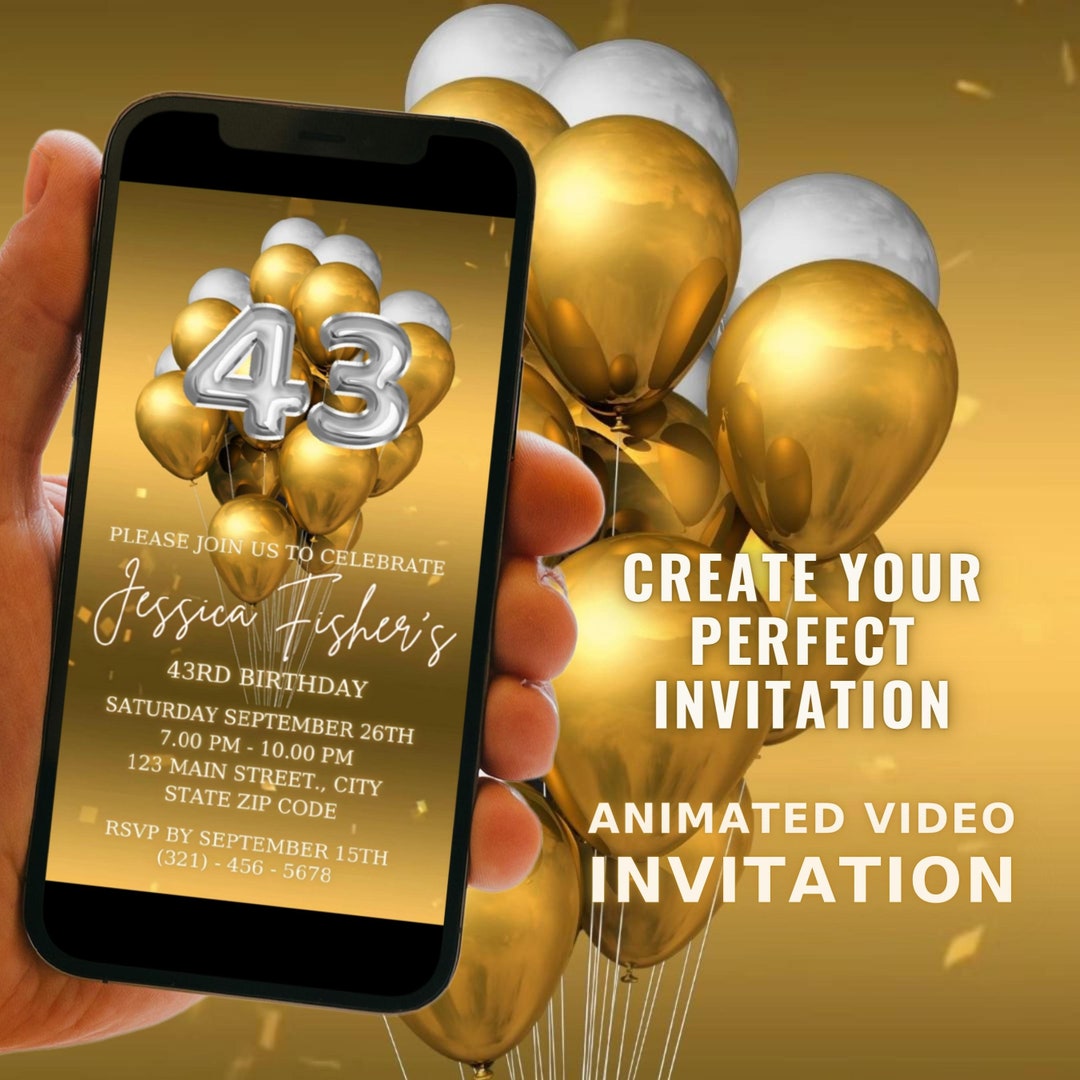 43rd Birthday Gold Silver Glitter Balloons Digital Invitation ...