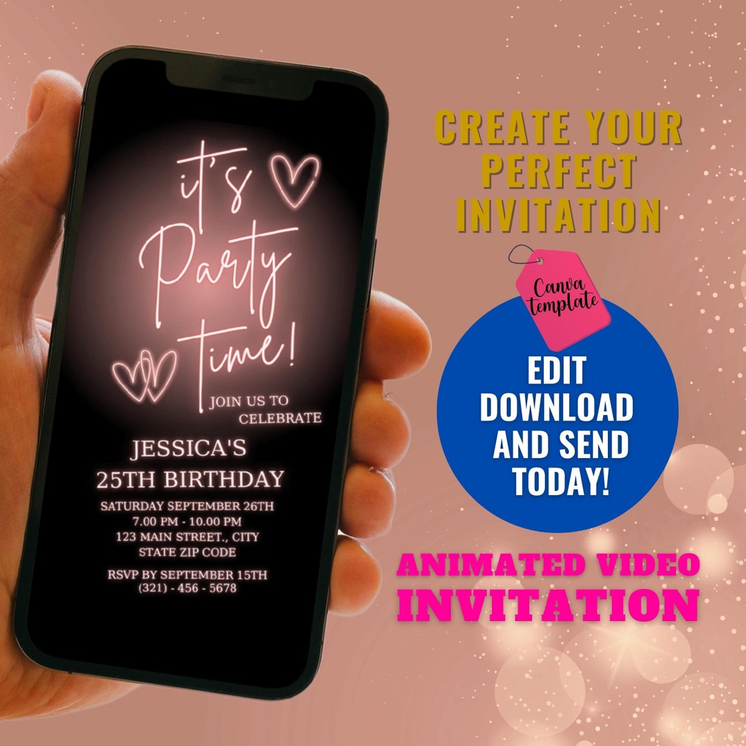 Rose Gold Neon Light Digital Birthday Invitation Template, Text Message ...