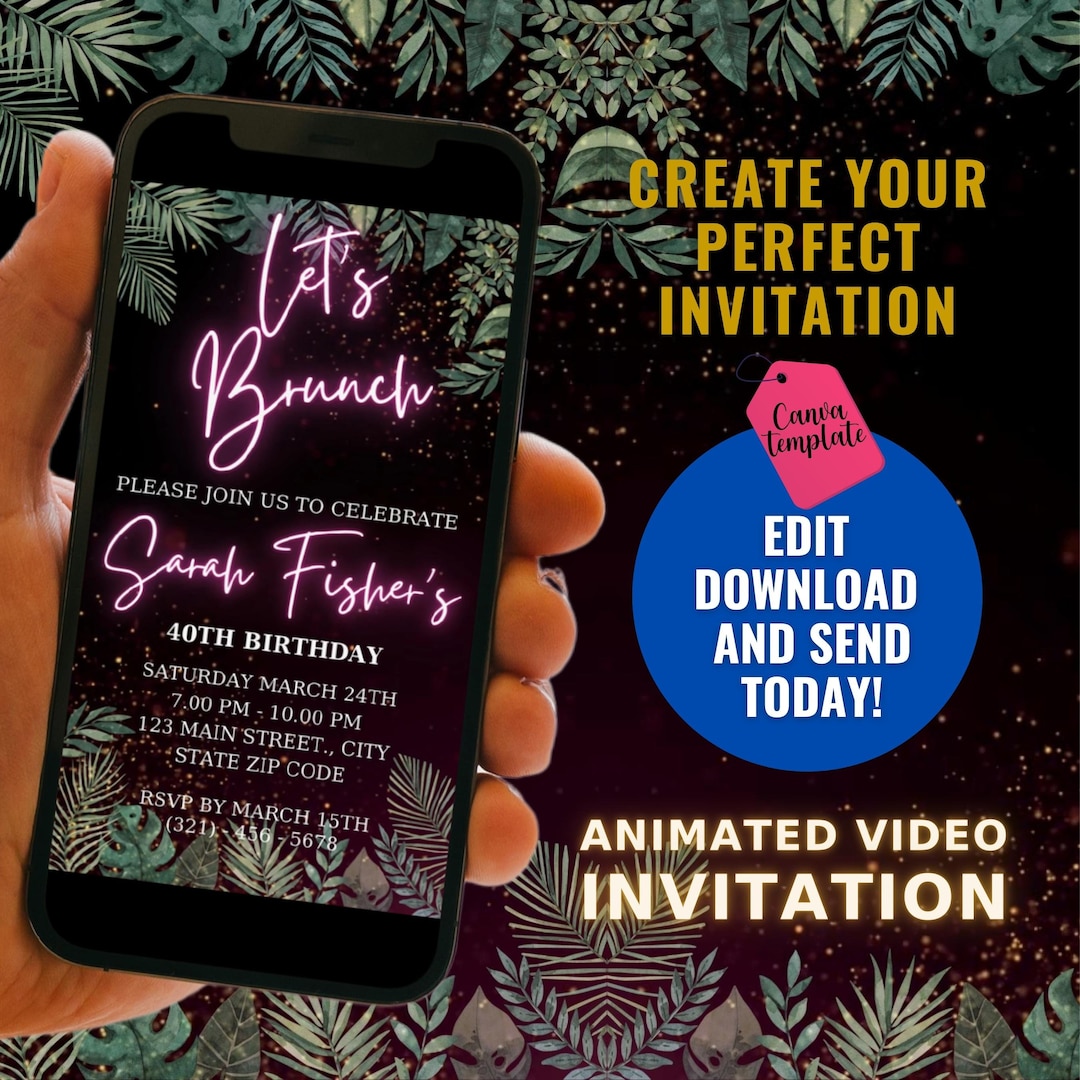 Digital Greenery Let's Brunch Birthday Invitation, Adult Brunch Party ...