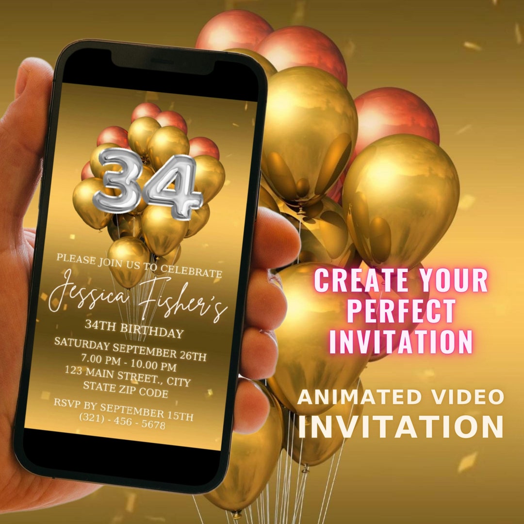 34th Birthday Gold Silver Glitter Balloons Digital Invitation ...