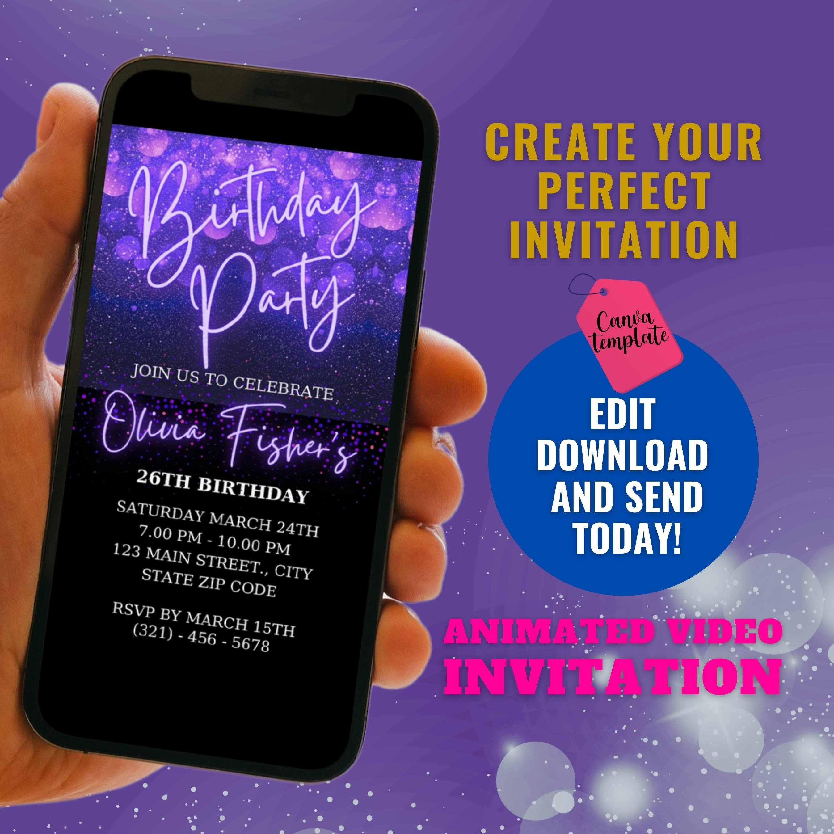 Digital Birthday Party Invitation, Purple Glitter Birthday Party ...