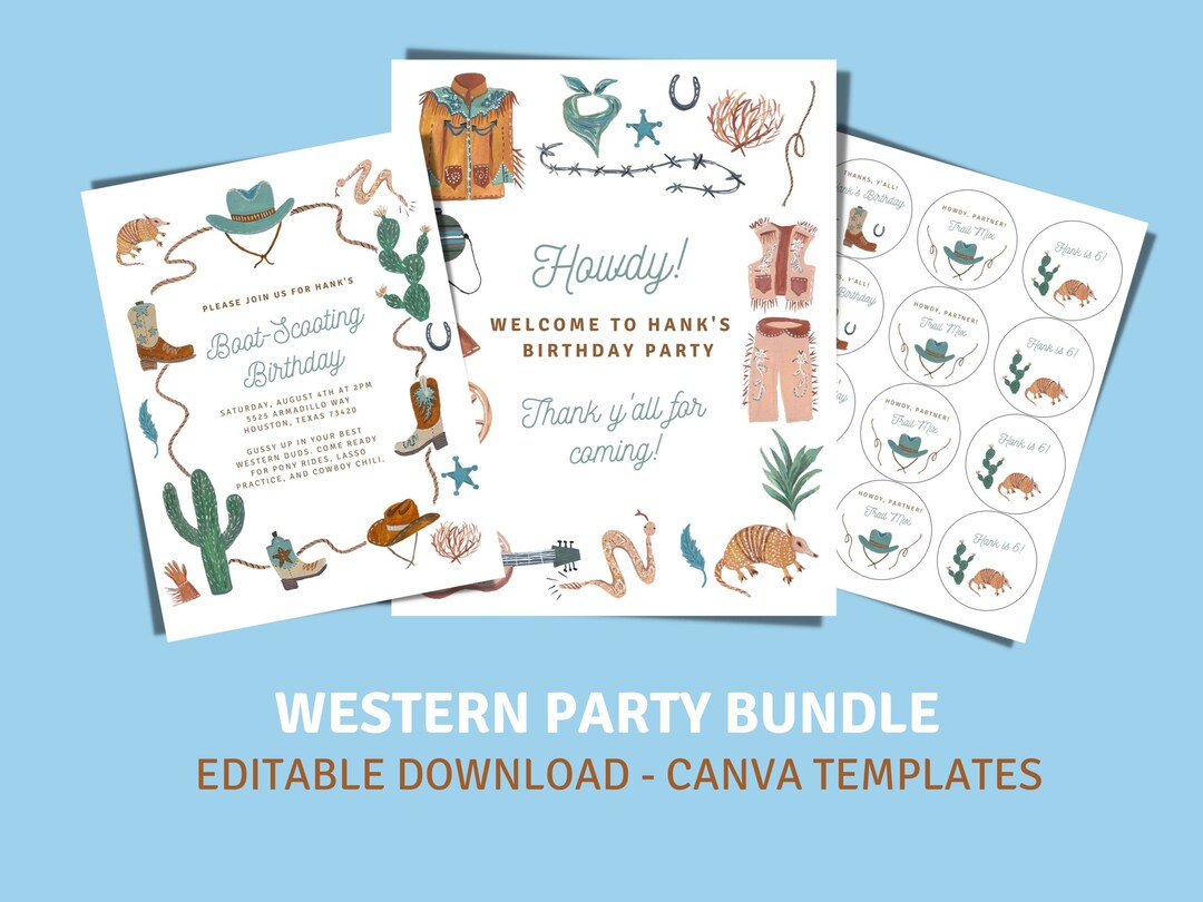 Western Party Invitation Bundle: Cowboy Birthday Decor (canva Templates ...