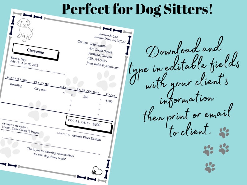 Printable Dog Sitting Invoice Editable Template - Etsy