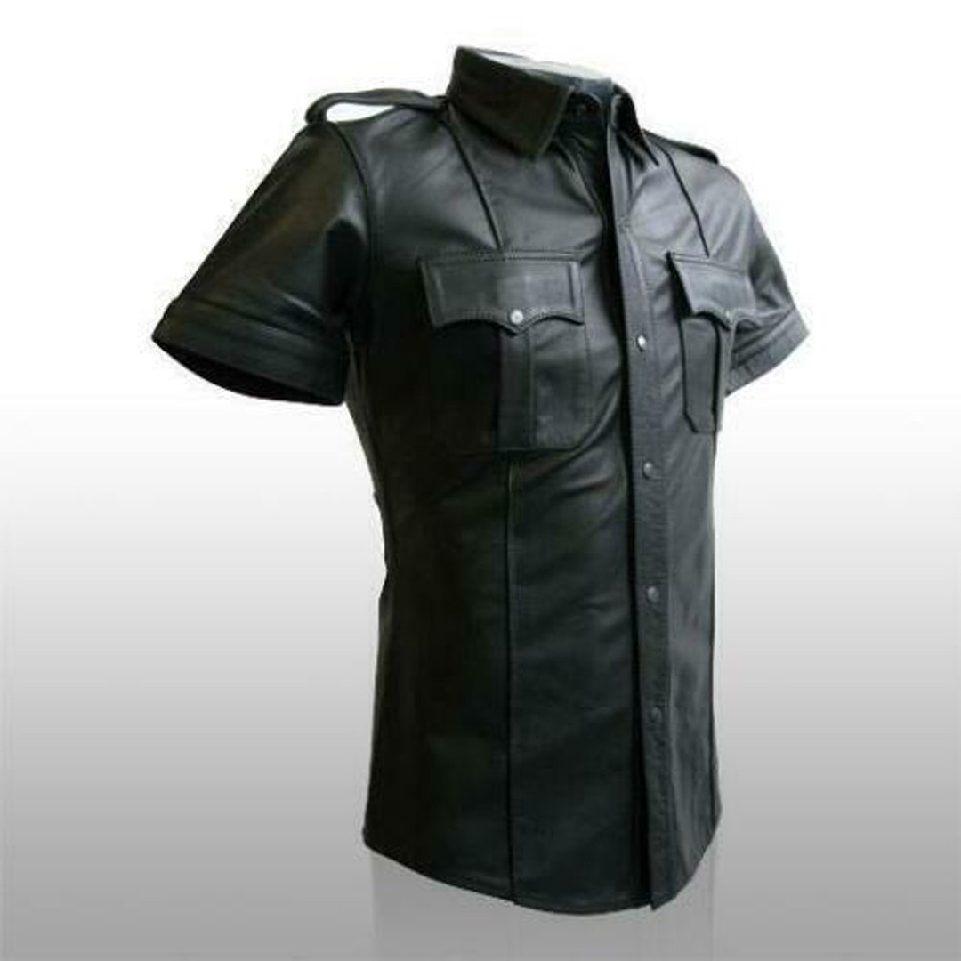 Men's Black Real Sheep Leather Cop Military Style Shirt Bluf Snaps ...