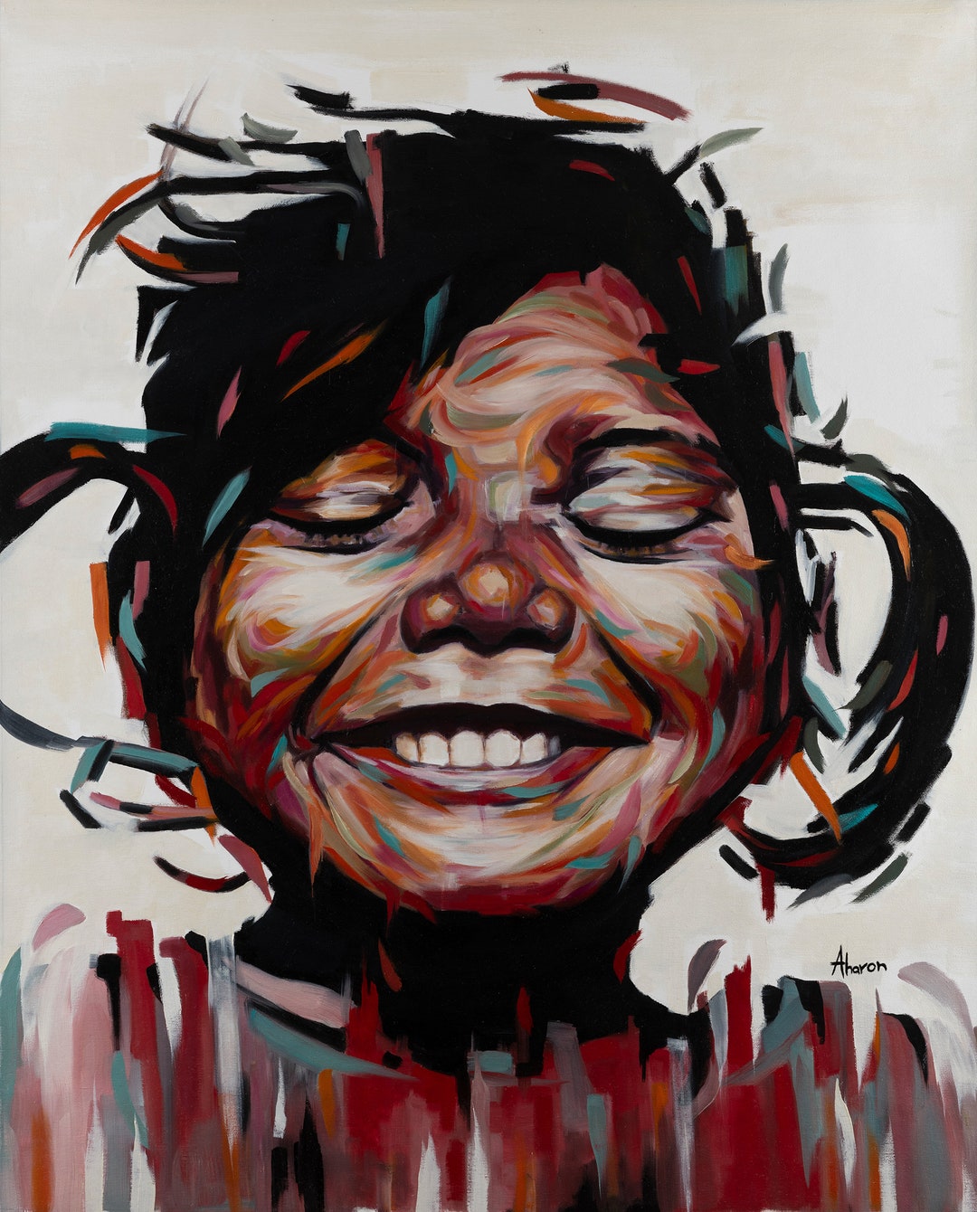 Original Oil Painting Happy Girl by Aharon Vaknin Oil Painting on ...