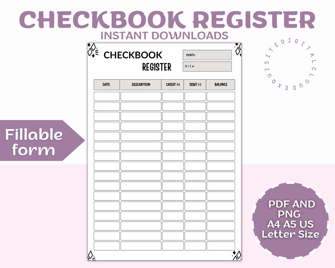 Checkbook Register Template Transaction Register Printable Checkbook ...