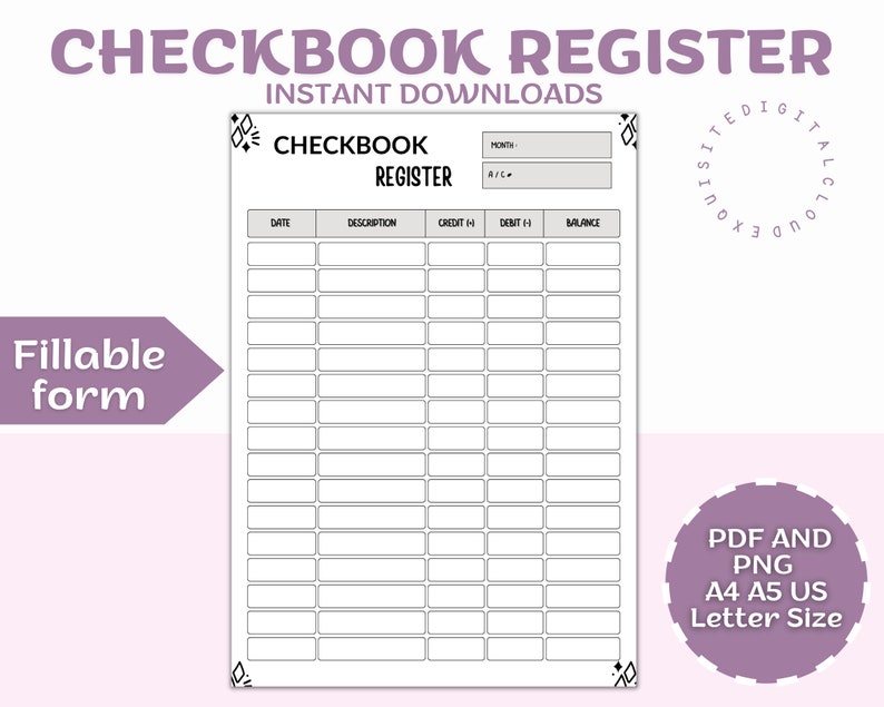 Checkbook Register Template Transaction Register Printable Checkbook ...