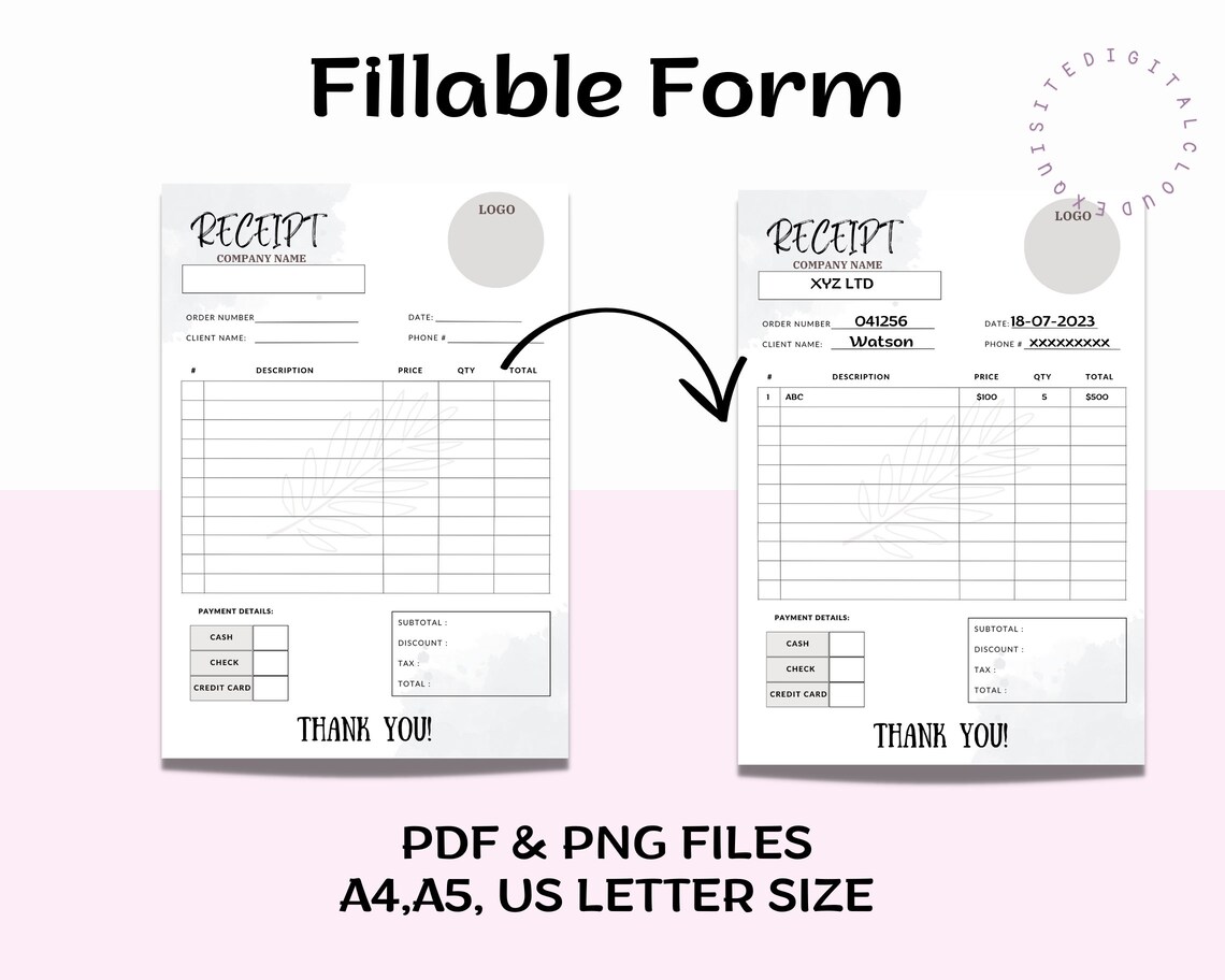 Fillable Receipt Template Printable, Cash Receipts, Invoice Template ...
