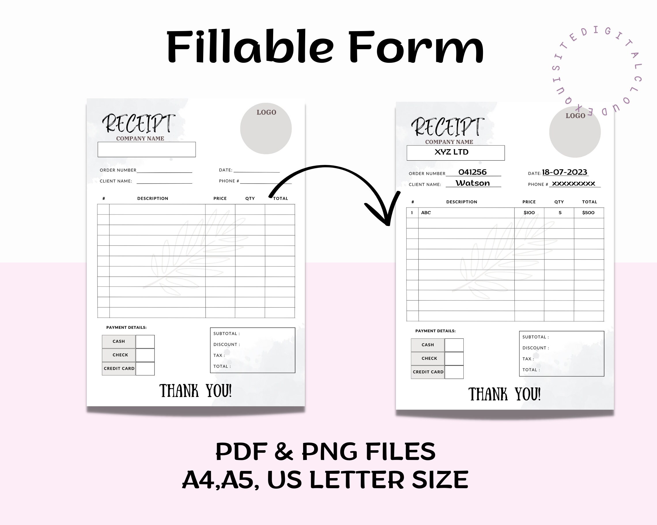 Fillable Receipt Template Printable, Cash Receipts, Invoice Template ...