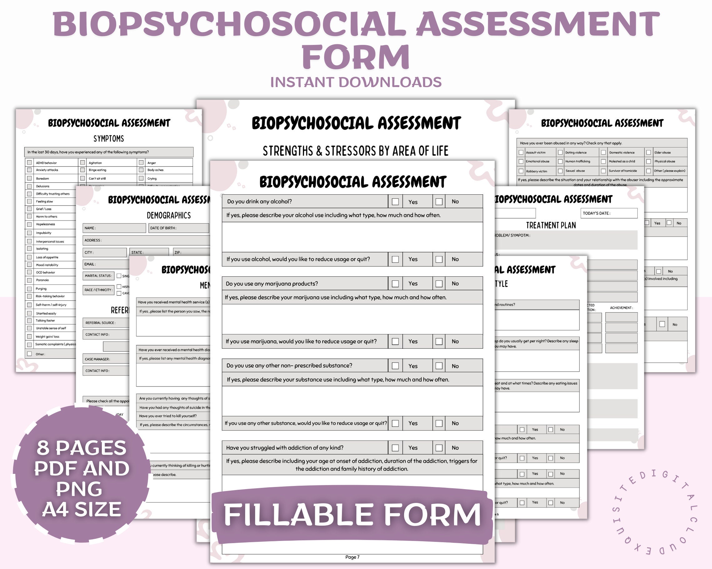 Biopsychosocial Assessment Form 8 Pages Fillable Form Biopsychosocial ...