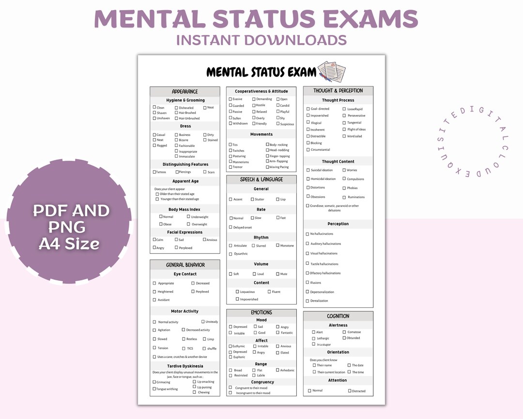 Mental Status Exam MSE Cheat Sheet Mental Health Form - Etsy Australia