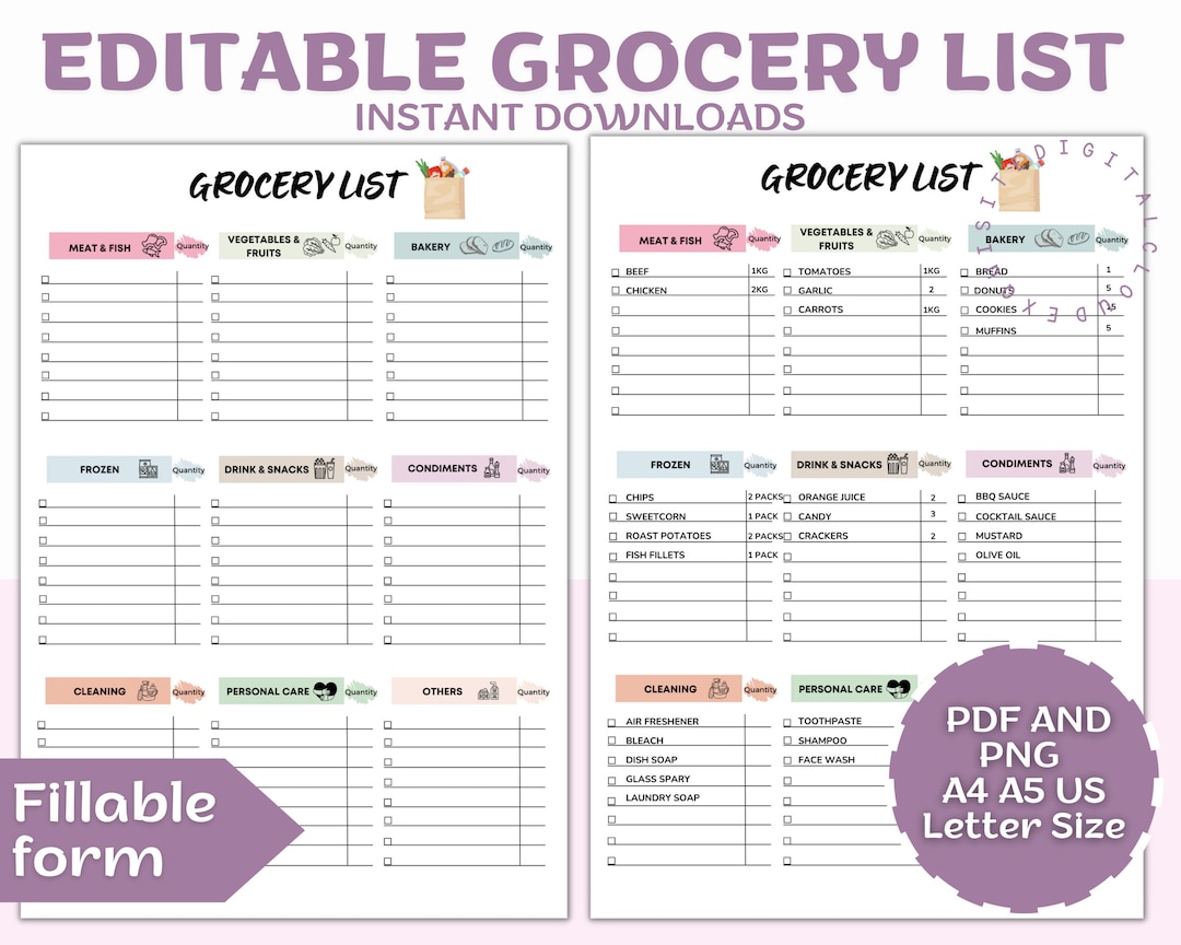Fillable Grocery List Printable Template Editable Grocery Checklist ...
