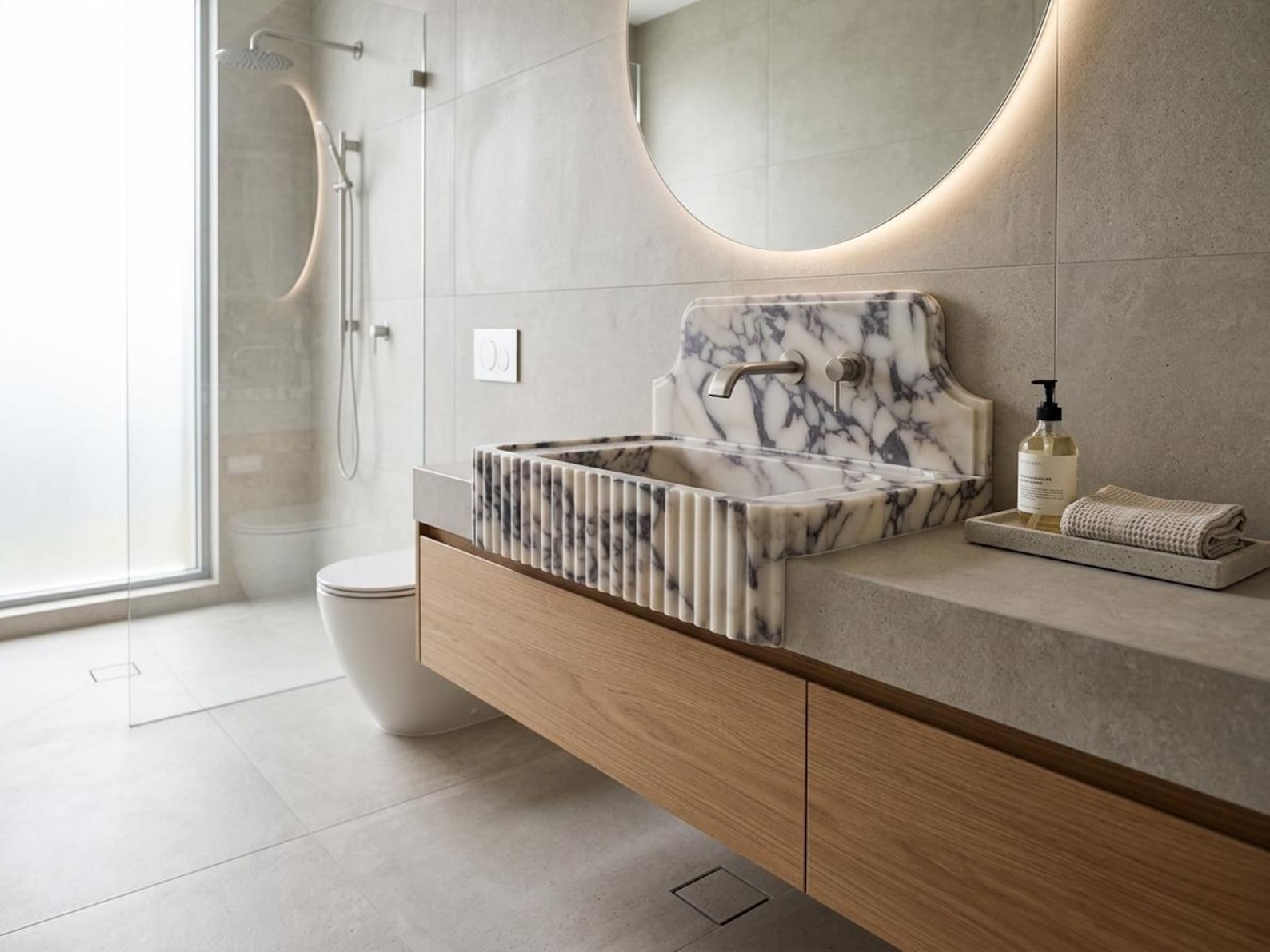 Calacatta Viola Marble Fluted Sink With Integrated Backsplash, Luxury ...