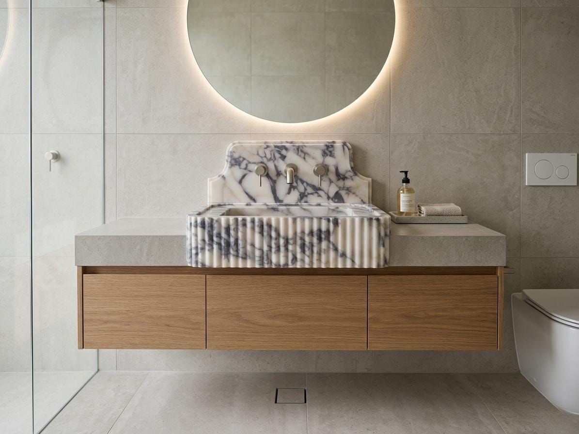 Calacatta Viola Marble Fluted Sink With Integrated Backsplash, Luxury ...