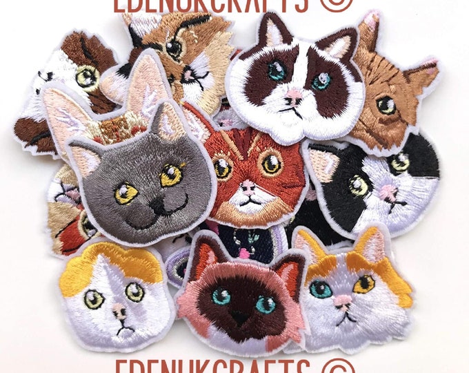 Iron on Cute Cat / Iron on Kittie Patches / 15 Cat Breeds Small Patch ...