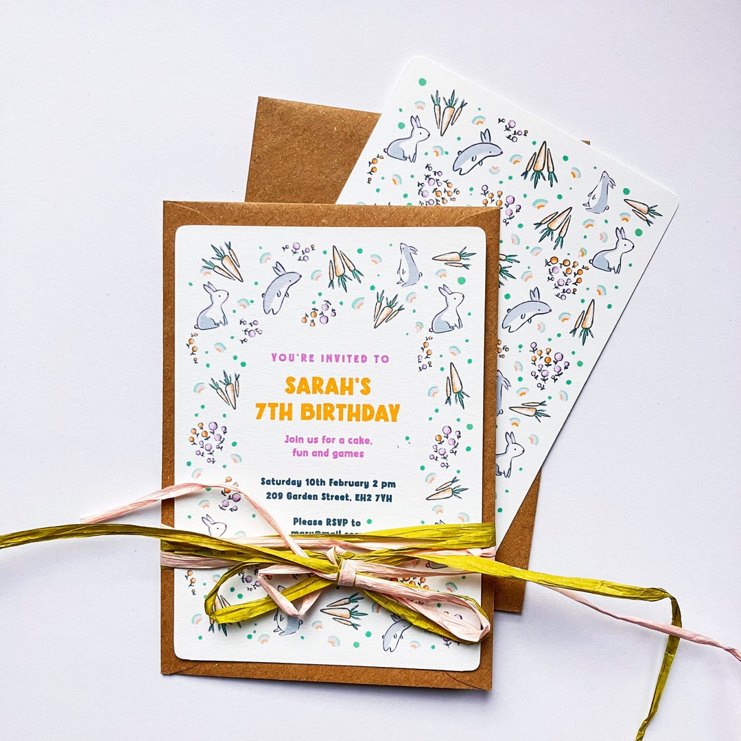 Personalised Birthday Party Invitation Pack Garden Bunnies , Hand-drawn ...