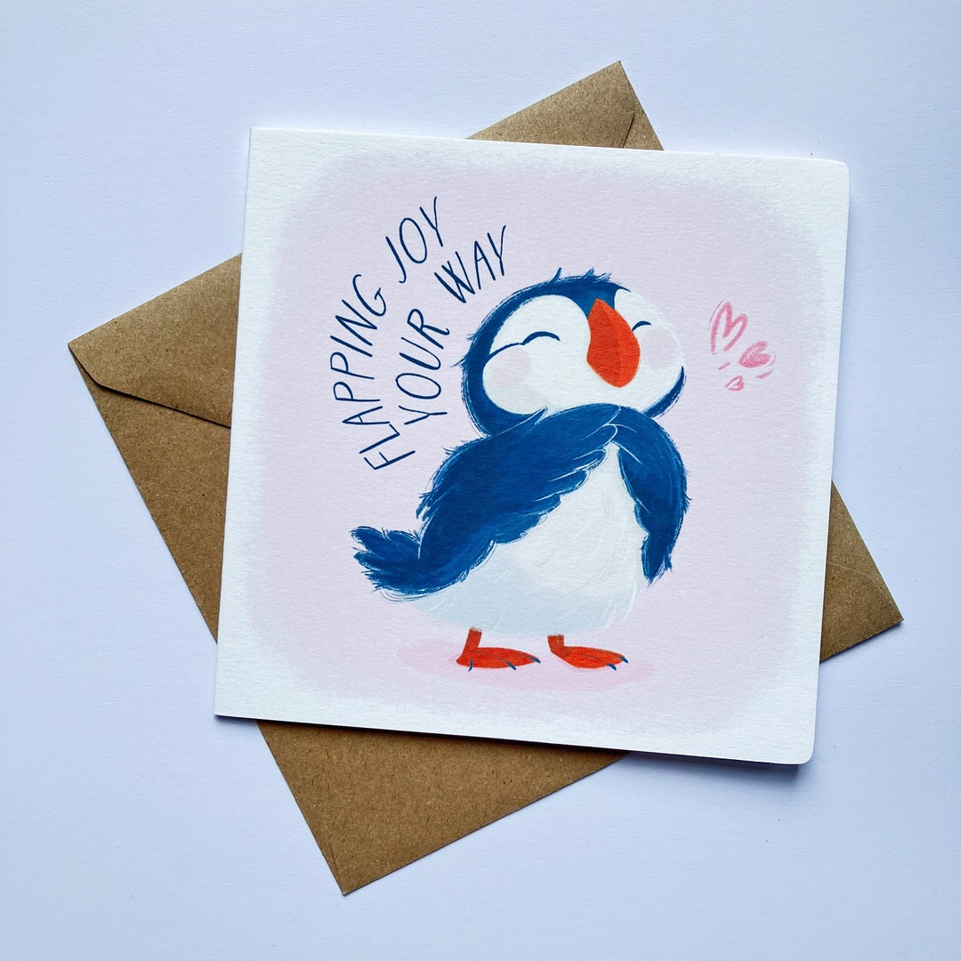Flapping Joy Baby Puffin Birthday Card, Hand-drawn Greeting Card ...
