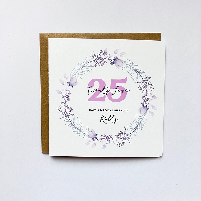 Personalised 25th Birthday Card for Her: Soft Watercolour Floral Wreath ...