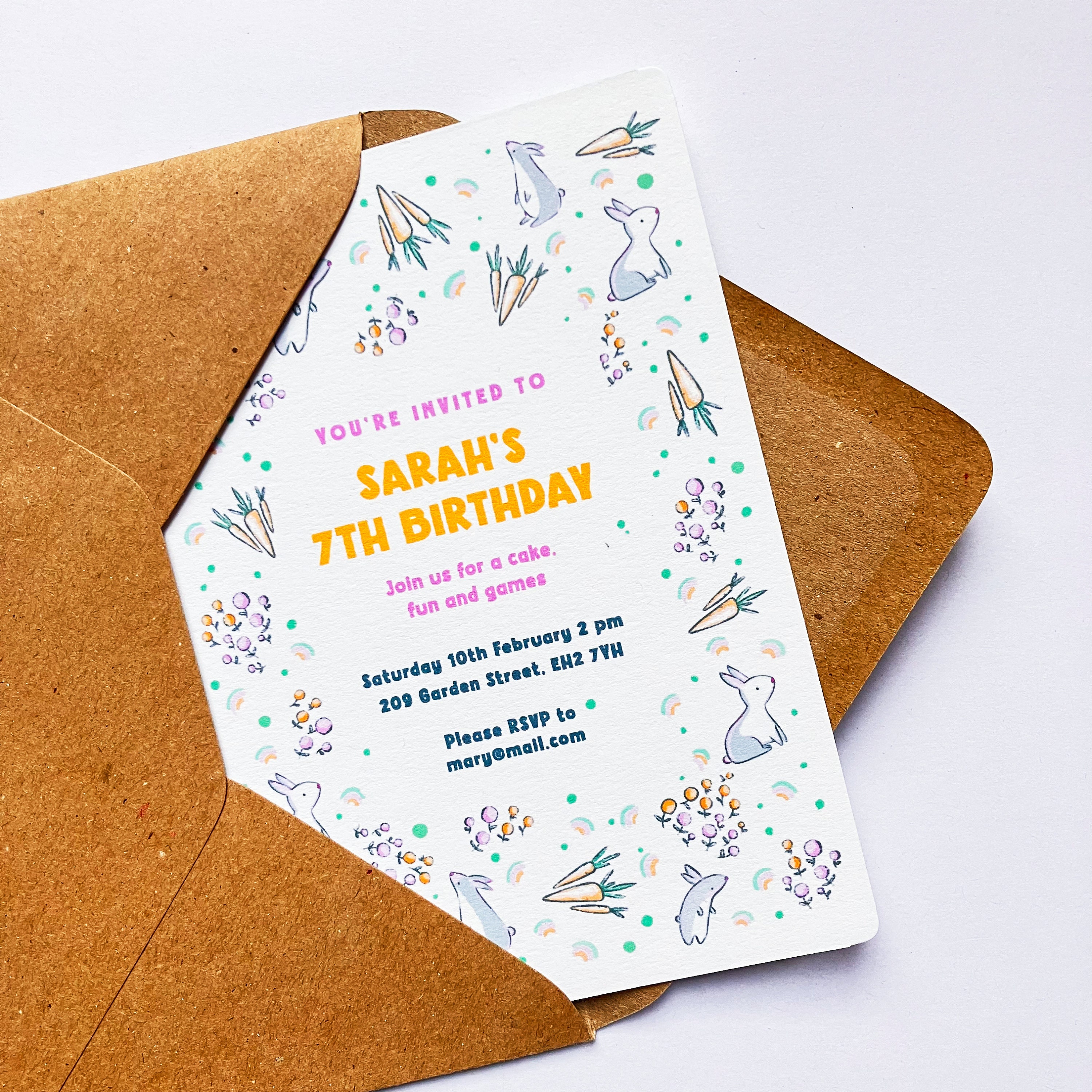 Personalised Birthday Party Invitation Pack Garden Bunnies , Hand-drawn ...