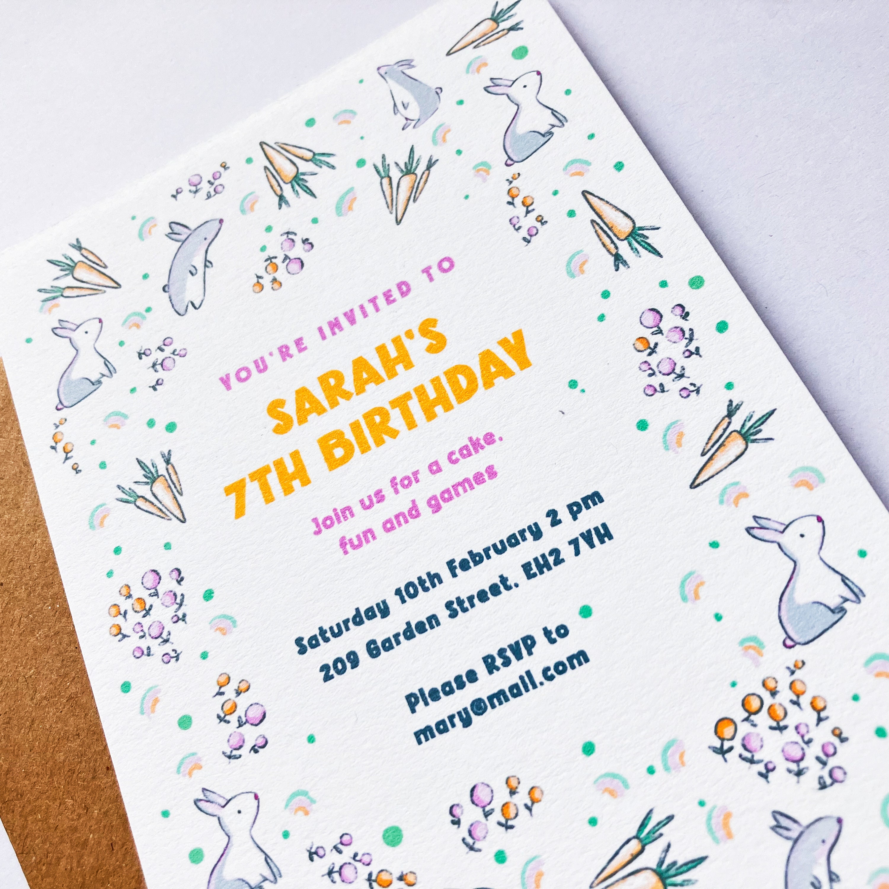 Personalised Birthday Party Invitation Pack Garden Bunnies , Hand-drawn ...