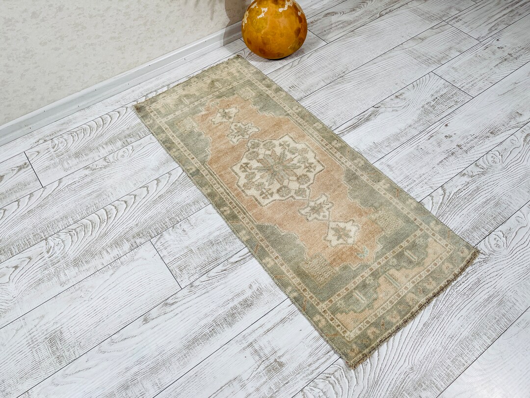 Vintage Small Rug, Faded Green and Beige 1'6x3'8 Small Rug, Bohemian ...
