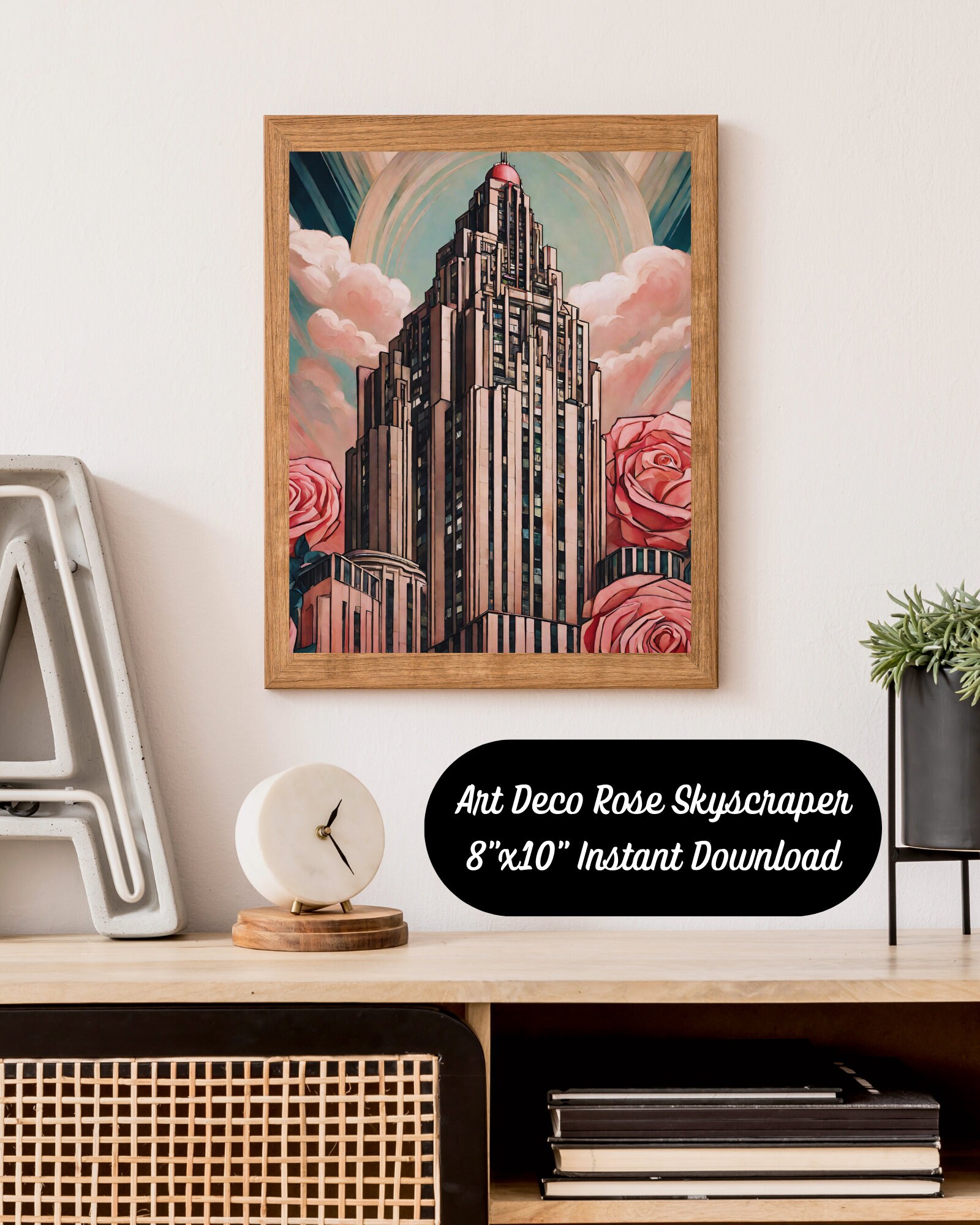 Art Deco Rose Skyscraper Print | Romantic Floral Wall Art (digital ...