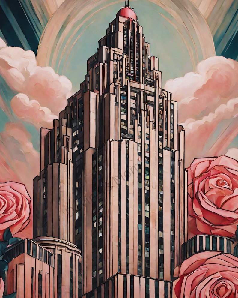 Romantic Art Deco Rose Skyscraper Print | Chic Office Modern Art ...