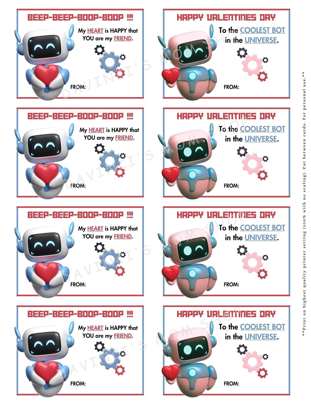 Robot Valentines Day Cards With Matching Treat Favor Tags | Class ...