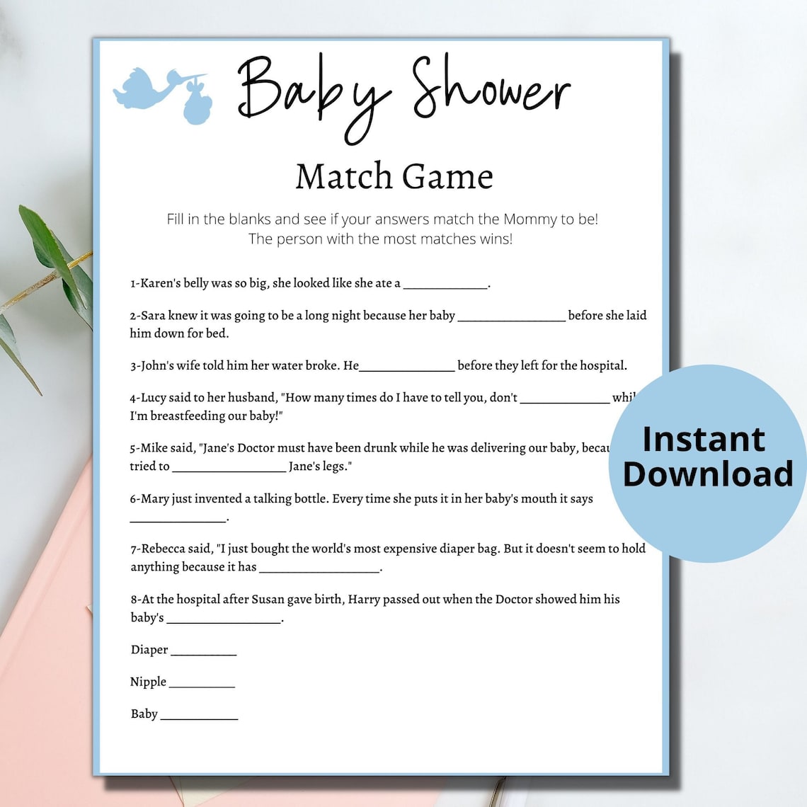 Baby Shower Match Game Printable Game/blue Baby Shower - Etsy