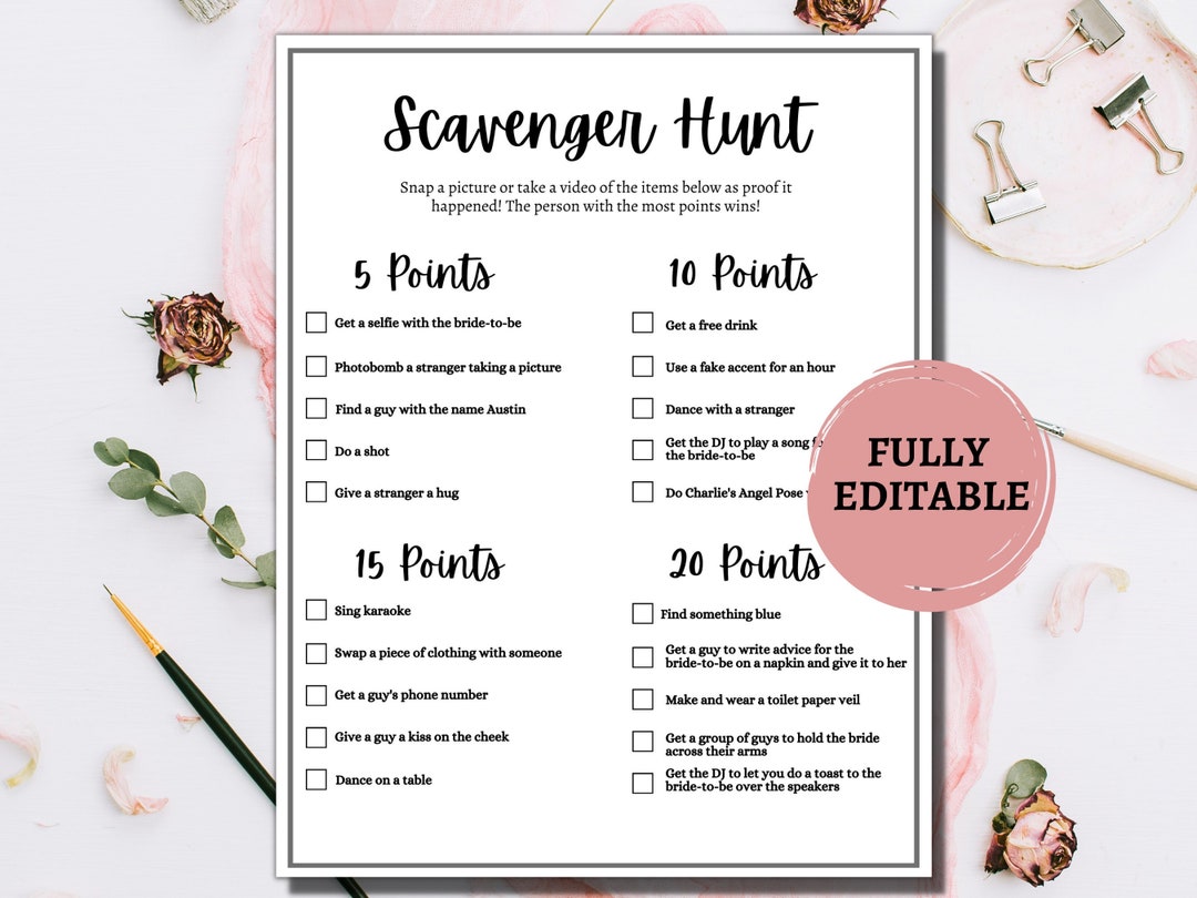 Editable Bachelorette Scavenger Hunt Game Template/bridal - Etsy