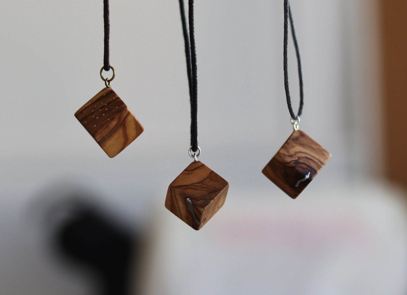 Olive Wood Cube Pendant With Inlay | Wooden Square Necklace - Etsy