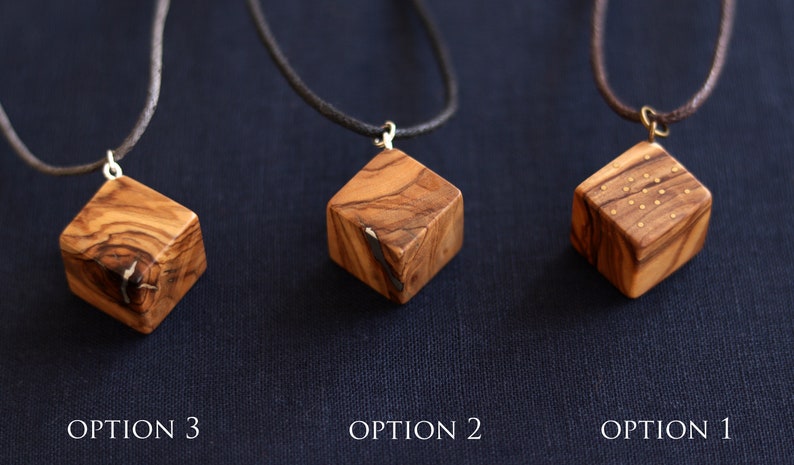 Olive Wood Cube Pendant With Inlay | Wooden Square Necklace - Etsy