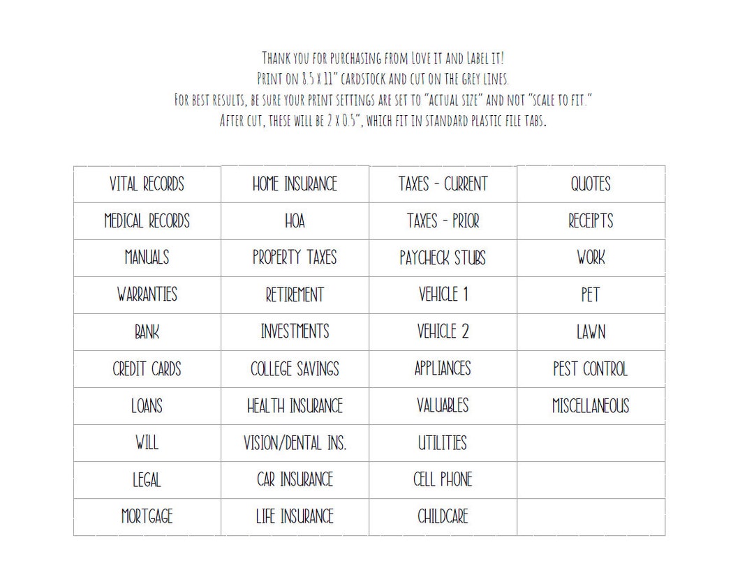 Printable Home Paperwork Box File Tab Inserts | Household Files ...