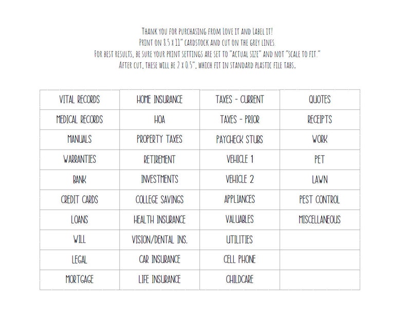 Printable Home Paperwork Box File Tab Inserts Household - Etsy