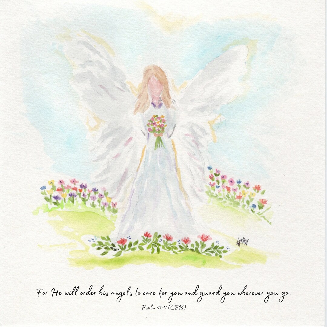 Garden Angel With Psalm 91:11 Watercolor Print, Wall Art, Original - Etsy