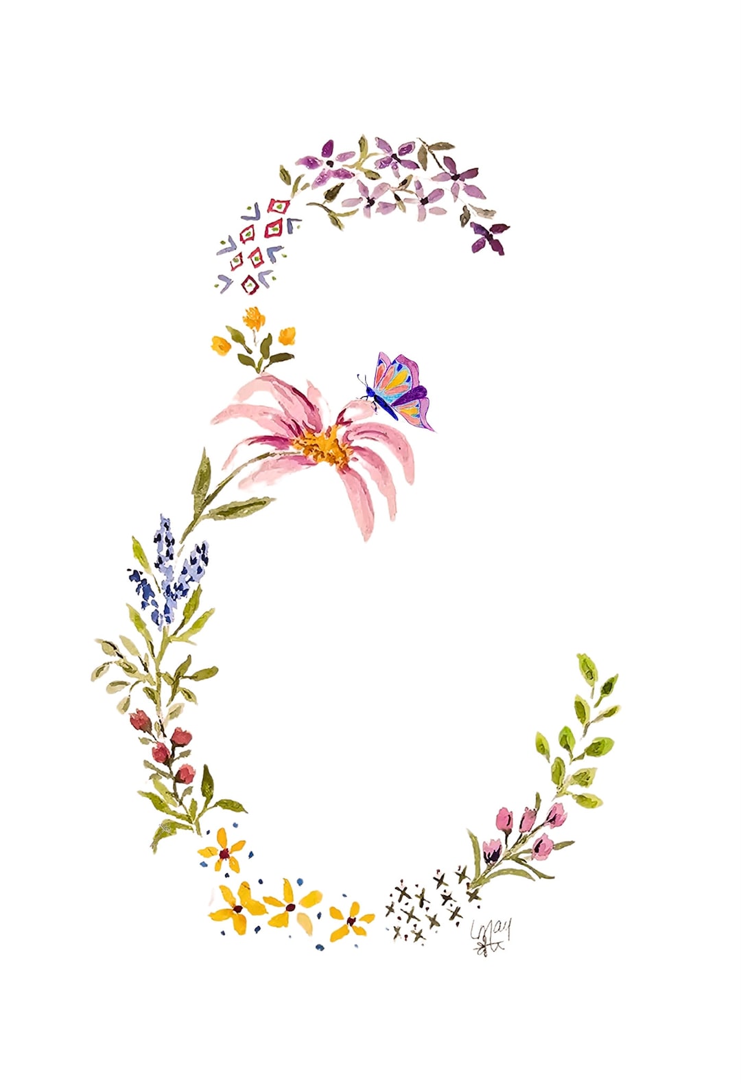 Floral Monogram Letter "e" Watercolor Print, Wall Art, Original - Etsy