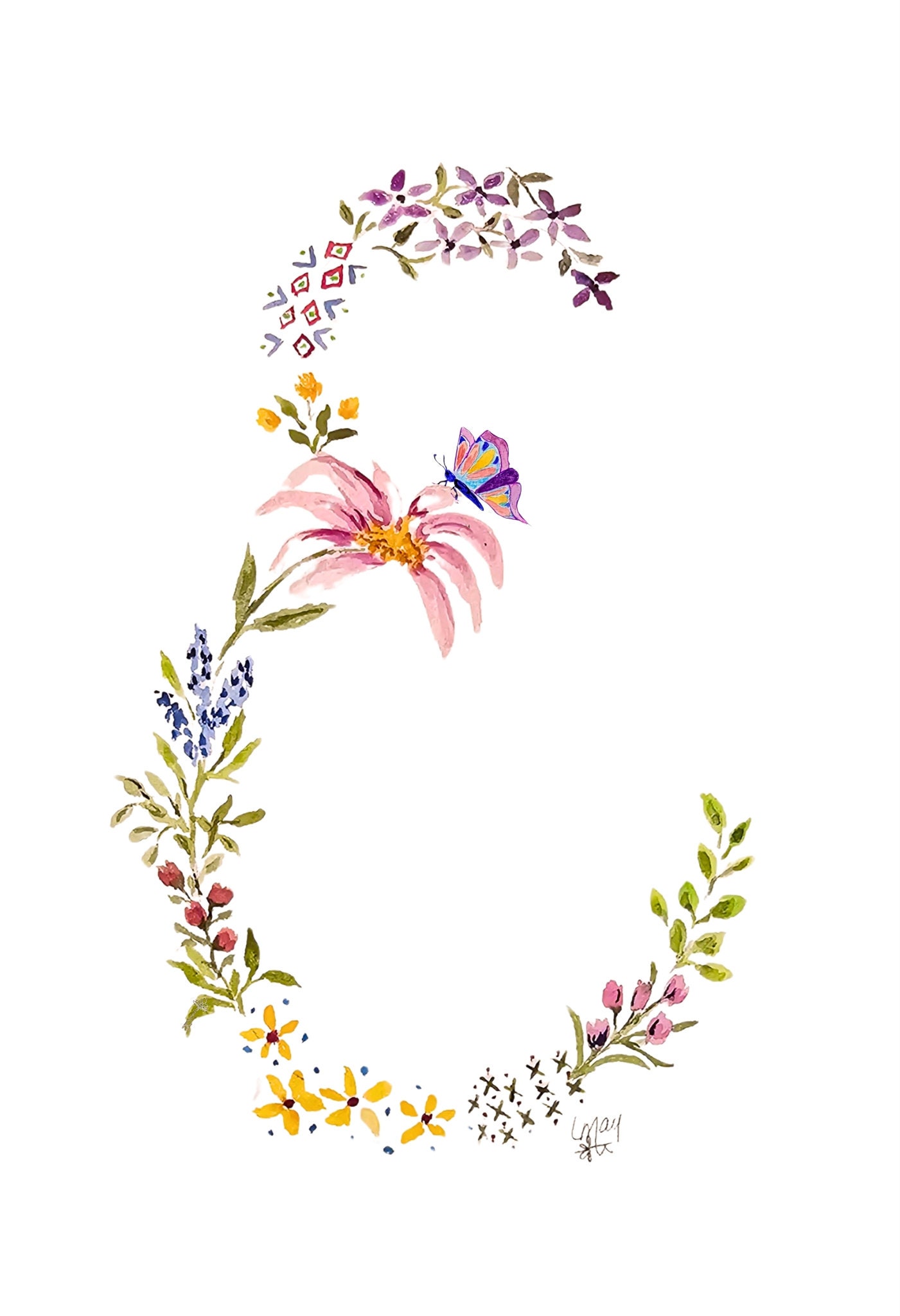 Floral Monogram Letter "e" Watercolor Print, Wall Art, Original - Etsy