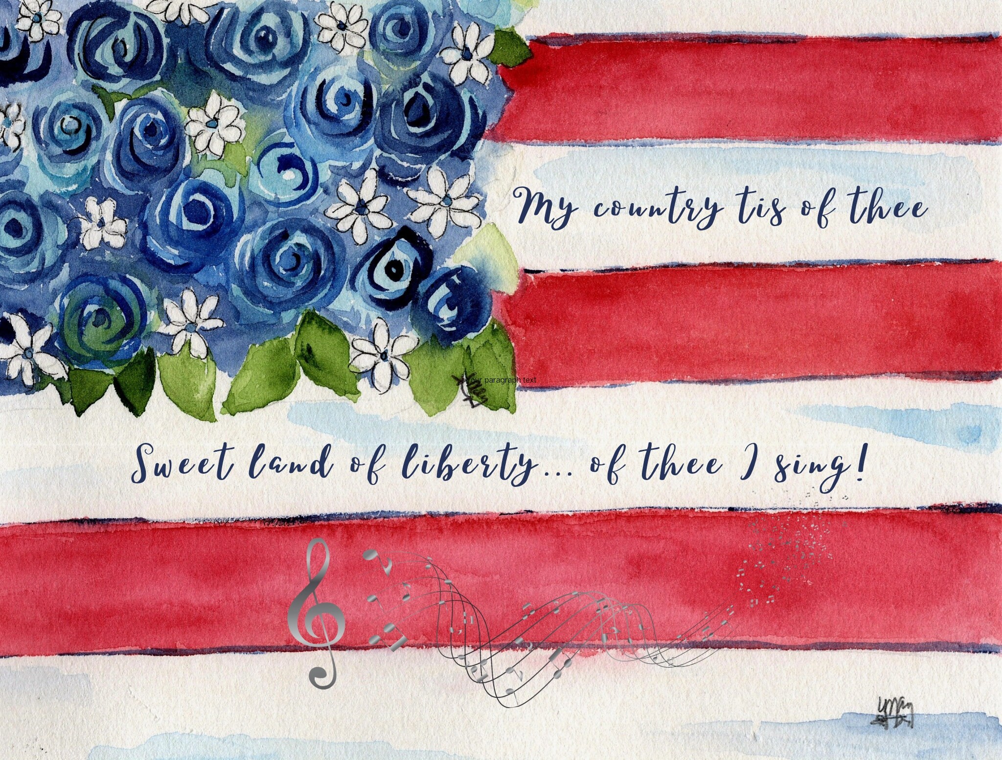 My Country Tis of Thee, American Flag Watercolor Print - Etsy
