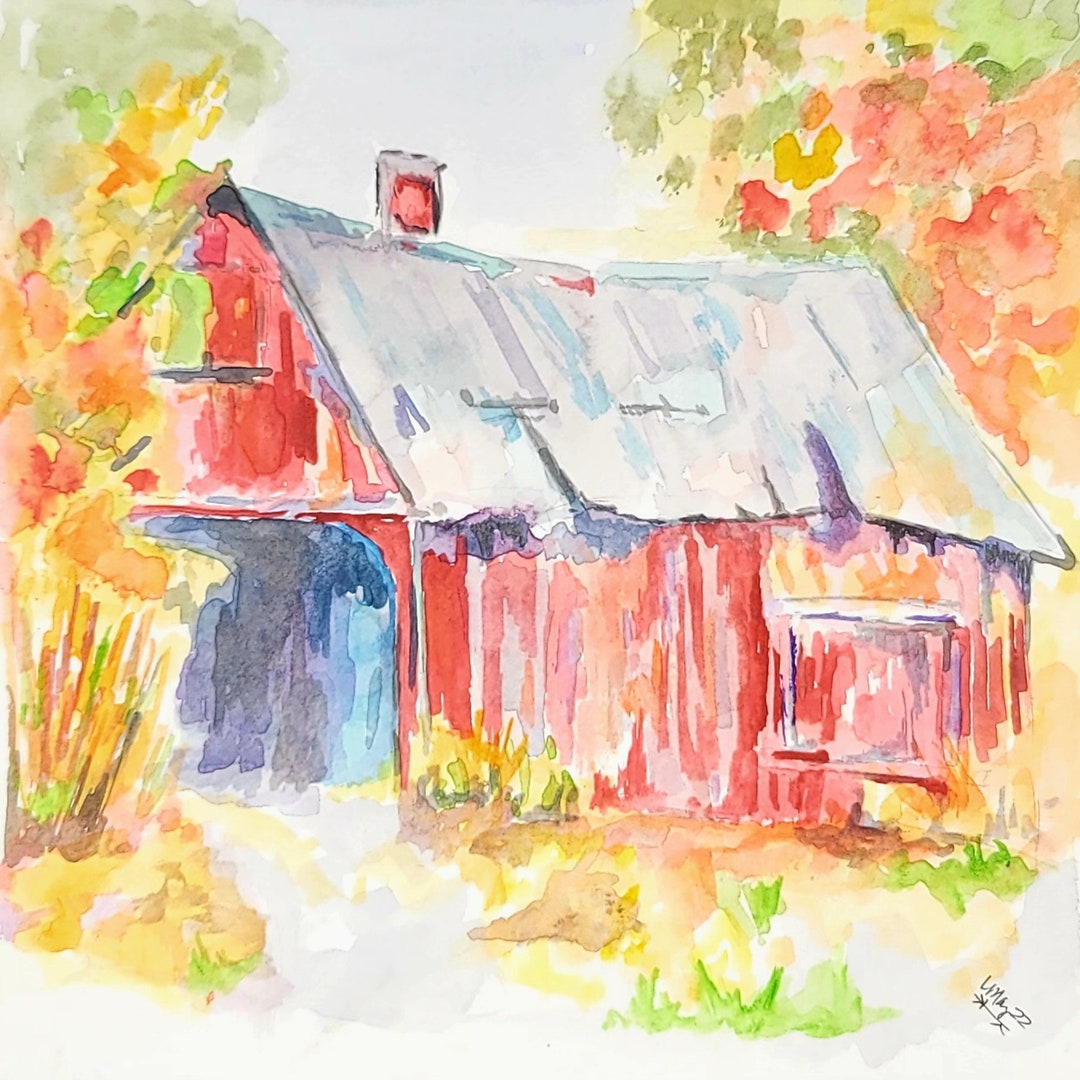 Red Barn in Fall Watercolor Painting Wall Art - Etsy